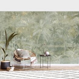 Bilderwelten Fototapete Wald Vintage Wandtapete gr&uuml;n - Vintage Palmen mit Struktur - B&auml;ume Wohnzimmer Schlafzimmer