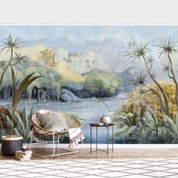 Bilderwelten Fototapete Wald Tropisch Wandtapete bunt - Urzeitliche Landschaft Vintage - B&auml;ume Wohnzimmer Schlafzimmer