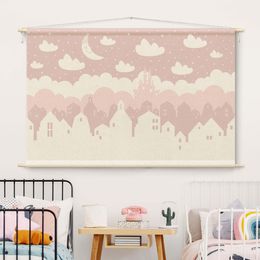 Bilderwelten Wandteppich Sternenhimmel mit H&auml;usern und Mond in rosa