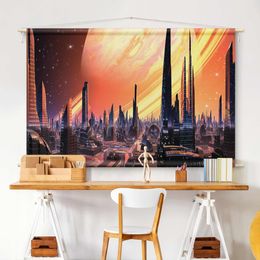 Bilderwelten Wandteppich orange Neon Art Stoffbild - Sci-Fi Gro&szlig;stadt mit Planet - Wandbild Jugendzimmer