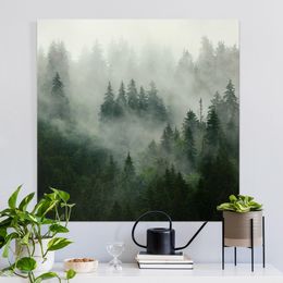 Bilderwelten Leinwandbild Tiefgr&uuml;ner Tannenwald im Nebel