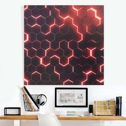 Bilderwelten Leinwandbild Neon Art 3D-Effekt schwarz - Strukturierte Hexagone mit Neonlicht in Rot - Geometrisch XXL Jugendzimmer