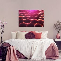 Bilderwelten Leinwandbild Neon Art 3D-Effekt pink - Hexagone mit Neonlicht in Pink und Rot - Wandbild XXL Jugendzimmer