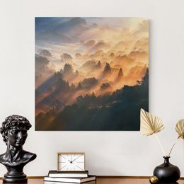Bilderwelten Leinwandbild Goldene Stunde im Nebel Wald