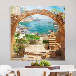 Bilderwelten Leinwandbild Strand Fotomontage Steinoptik bunt - Paradisischer Ausblick - Meerblick XXL Wohnzimmer Schlafzimmer