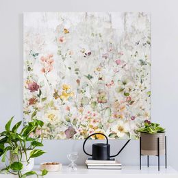 Bilderwelten Leinwandbild Aquarell Bl&uuml;ten auf wei&szlig;er Shabby Betonwand