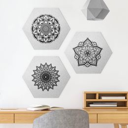 Bilderwelten Alu-Dibond Bild Hexagon Spirituell weiss Orientalisch - Mandala Bl&uuml;te Sonne Illustration Set Schwarz Wei&szlig; - Ornamente Wohnzimmer Schlafzimmer