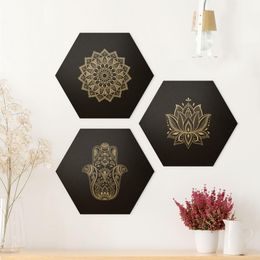 Bilderwelten 3-teiliges Hexagon-Alu-Dibond Bild Mandala Hamsa Hand Lotus Set auf Schwarz