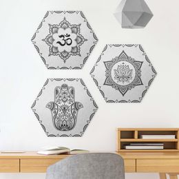 3-teiliges Hexagon-Alu-Dibond Bild Hamsa Hand Lotus OM Illustration Set Schwarz Wei&szlig;