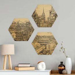 Bilderwelten 3-teiliges Hexagon-Alu-Dibond Bild Stadtstudien - New York - London - Rom