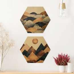 Bilderwelten 2-teiliges Hexagon-Alu-Dibond Bild Geometrische & Goldene Berge Aquarell