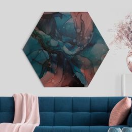 Bilderwelten Hexagon-Alu-Dibond Bild Unterwasser in Petrol und Rot mit Gold