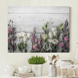 Bilderwelten Leinwandbild - Querformat Tulpen-Rose Shabby Holzoptik