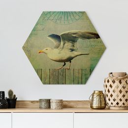 Bilderwelten Alu-Dibond Bild Hexagon Tiere blau Vintage - Vintage Collage - Seem&ouml;we auf Holzplanken - Retro Wohnzimmer Schlafzimmer