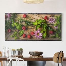 Bilderwelten Leinwandbild - Querformat Blumen Himbeeren Minze