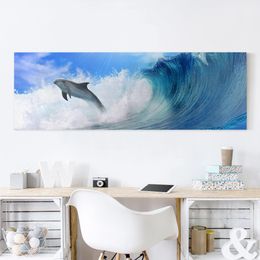 Bilderwelten Leinwandbild - Panorama Playing Dolphins