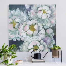 Bilderwelten Leinwandbild originell Vintage Kunstdruck blau - Wei&szlig;e Pfingstrosen auf blauem Grund - Retro XXL Wohnzimmer Schlafzimmer