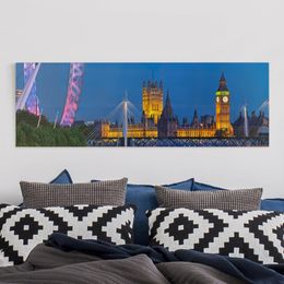 Bilderwelten Leinwandbild - Panorama Big Ben und Westminster Palace in London bei Nacht