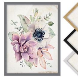 Bilderwelten Bild mit Rahmen - Hochformat Aquarell Blumen Landhaus