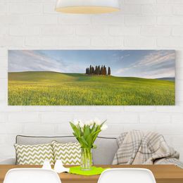 Bilderwelten Leinwandbild - Panorama Gr&uuml;nes Feld in Toskana