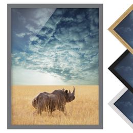 Bilderwelten Bild mit Rahmen - Hochformat Nashorn in der Savanne