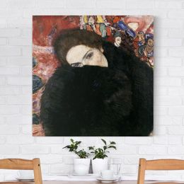 Bilderwelten Leinwandbild originell modern Kunstdruck schwarz - Gustav Klimt - Dame mit Muff - Wandbild XXL Wohnzimmer Schlafzimmer