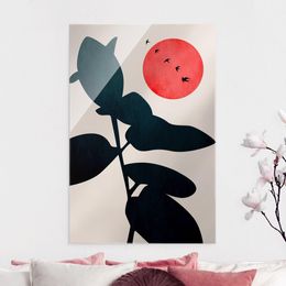 Bilderwelten Glasbild Tiere Tropisch blau Glas Wandbild - Pflanzenwelt mit roter Sonne - Pflanzen Wohnzimmer Schlafzimmer