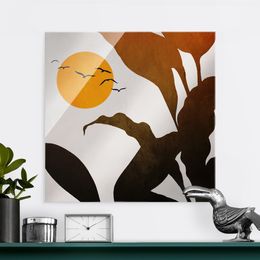 Bilderwelten Glasbild Tiere Tropisch braun Glas Wandbild - Pflanzenwelt mit gelber Sonne - Pflanzen Wohnzimmer Schlafzimmer