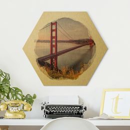 Bilderwelten Hexagon-Alu-Dibond Bild Wasserfarben - Golden Gate Bridge in San Francisco