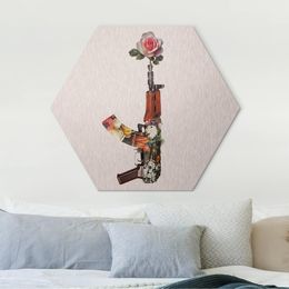 Bilderwelten Alu-Dibond Bild Hexagon Blumen beige Fotomontage - Waffe mit Rose - Rose Wohnzimmer Schlafzimmer