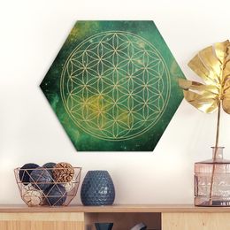 Bilderwelten Hexagon-Alu-Dibond Bild Blume des Lebens im Licht der Sterne