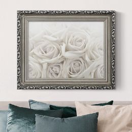 Bilderwelten Bild mit Barockrahmen Antik Blumen Motiv Barock beige - Wei&szlig;e Rosen - Rose Wohnzimmer Schlafzimmer