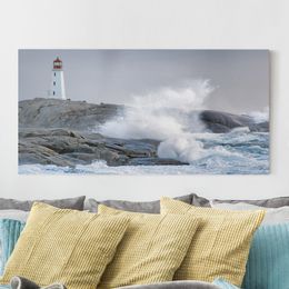 Bilderwelten Leinwandbild - Querformat Sturmwellen am Leuchtturm