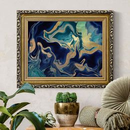 Bilderwelten Bild mit Barockrahmen Antik Illustration Aquarell blau - Spiel der Farben Indigo Feuer - edle Optik Wohnzimmer Schlafzimmer