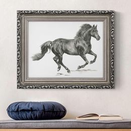 Bilderwelten Bild mit Barockrahmen Antik Tiere Illustration Barock weiss - Wildpferd-Studie - Hengst - Pferde Kinderzimmer Baby M&auml;dchen Jungen