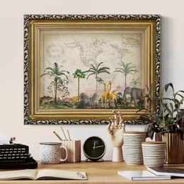Bilderwelten Bild mit Barockrahmen Antik Tiere Vintage Barock bunt - Vintage Collage - Tierwelt auf Weltkarte - Karten Wohnzimmer Schlafzimmer