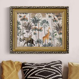Bilderwelten Bild mit Barockrahmen Antik Wald Vintage Barock beige - Vintage bl&uuml;hender Dschungel - B&auml;ume Wohnzimmer Schlafzimmer