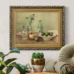 Bilderwelten Bild mit Barockrahmen Antik Blumen Landhaus Barock gr&uuml;n - Stillleben mit Flaschen - edle Optik Wohnzimmer Schlafzimmer