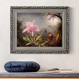 Bilderwelten Bild mit Barockrahmen Antik Blumen modern Barock rosa - Martin Johnson Heade - Orchidee und drei Kolibris - Orchidee Wohnzimmer Schlafzimmer