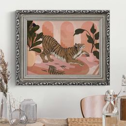 Bilderwelten Leinwandbild mit Barockrahmen Illustration Tiger in Pastell Rosa Malerei