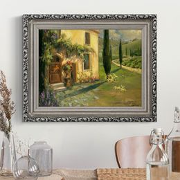 Bilderwelten Bild mit Barockrahmen Antik Natur Landhaus Barock gr&uuml;n - Italienische Landschaft - Zypresse - Italien Wohnzimmer Schlafzimmer