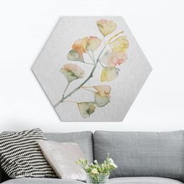 Bilderwelten Alu-Dibond Bild Hexagon Blumen weiss modern Aquarell - Frauenhaarfarn II - Pflanzen Wohnzimmer Schlafzimmer