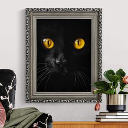 Bilderwelten Bild mit Barockrahmen Antik Tiere Motiv Barock schwarz - Schwarzes Katzen Portrait - Katze Wohnzimmer Schlafzimmer