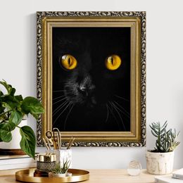 Bilderwelten Bild mit Barockrahmen Antik Tiere Motiv Barock schwarz - Schwarzes Katzen Portrait - Katze Wohnzimmer Schlafzimmer
