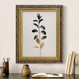 Bilderwelten Leinwandbild mit Barockrahmen Grafische Pflanzenwelt - Gold und Grau