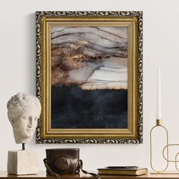 Bilderwelten Bild mit Barockrahmen Antik originell Abstrakt Aquarell schwarz - Goldener Marmor gemalt - edle Optik Wohnzimmer Schlafzimmer