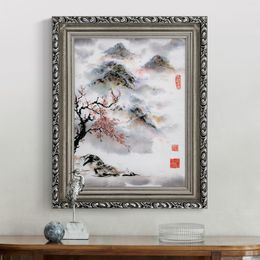 Bilderwelten Leinwandbild mit Barockrahmen Japanische Aquarell Zeichnung Kirschbaum und Berge