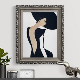 Bilderwelten Bild mit Barockrahmen Antik Portrait Illustration Barock blau - Dame mit Hut in Dunkelblau - edle Optik Wohnzimmer Schlafzimmer