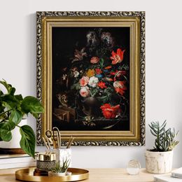 Bilderwelten Bild mit Barockrahmen Antik Blumen modern Barock bunt - Abraham Mignon - Das umgeworfene Bouquet - Katze Wohnzimmer Schlafzimmer