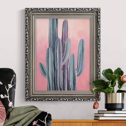Bilderwelten Bild mit Barockrahmen Antik Tropisch Barock t&uuml;rkis - Kaktus auf Rosa II - Pflanzen Wohnzimmer Schlafzimmer